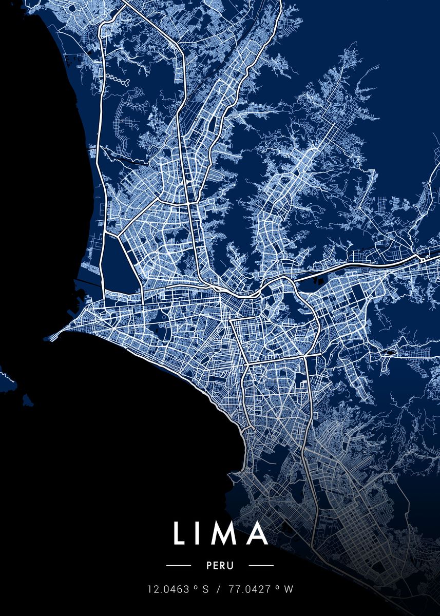 'Lima City Map Blueprint' Poster, picture, metal print, paint by MVDZ ...