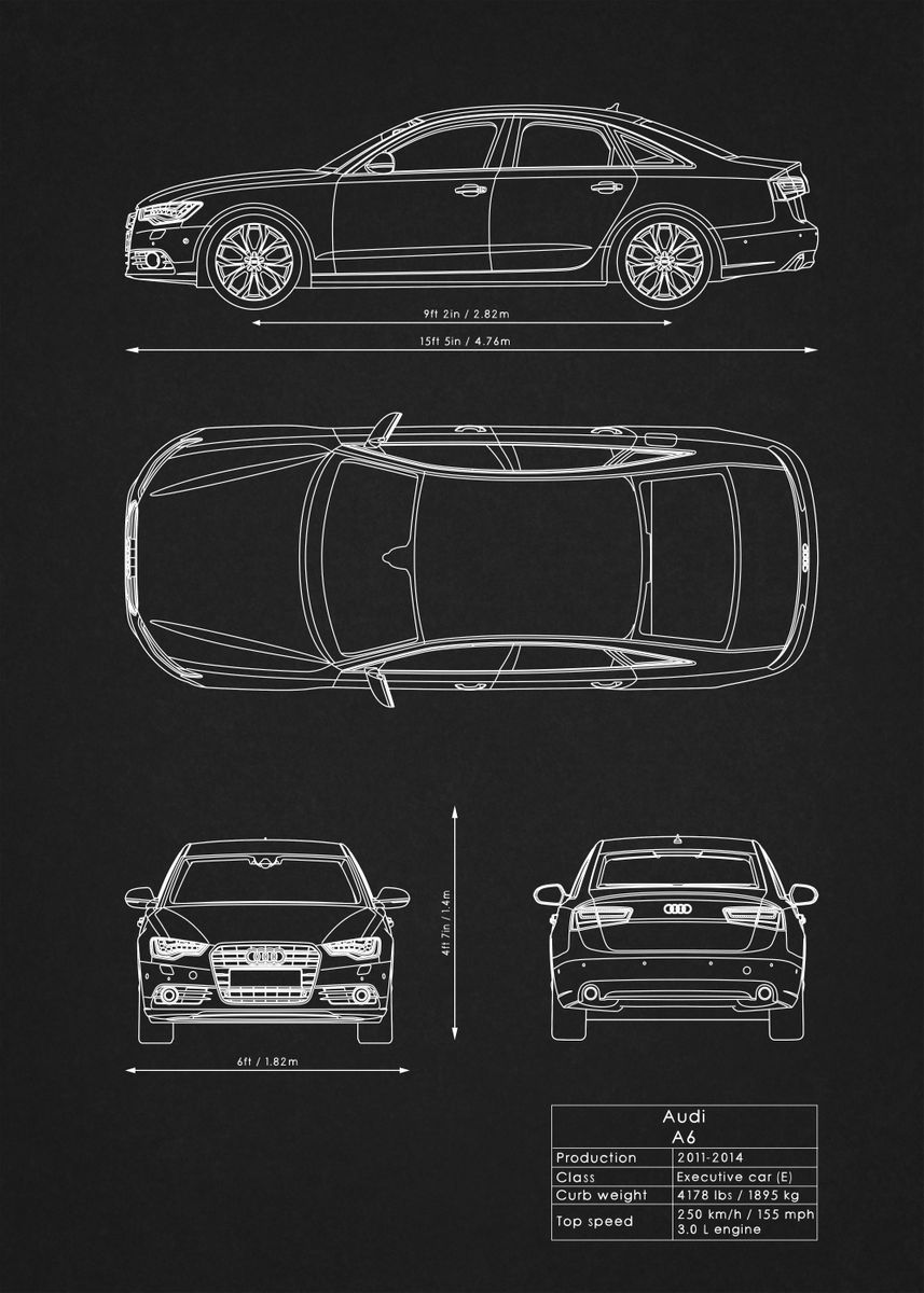 'Audi A6 blueprint' Poster, picture, metal print, paint by Iwoko | Displate