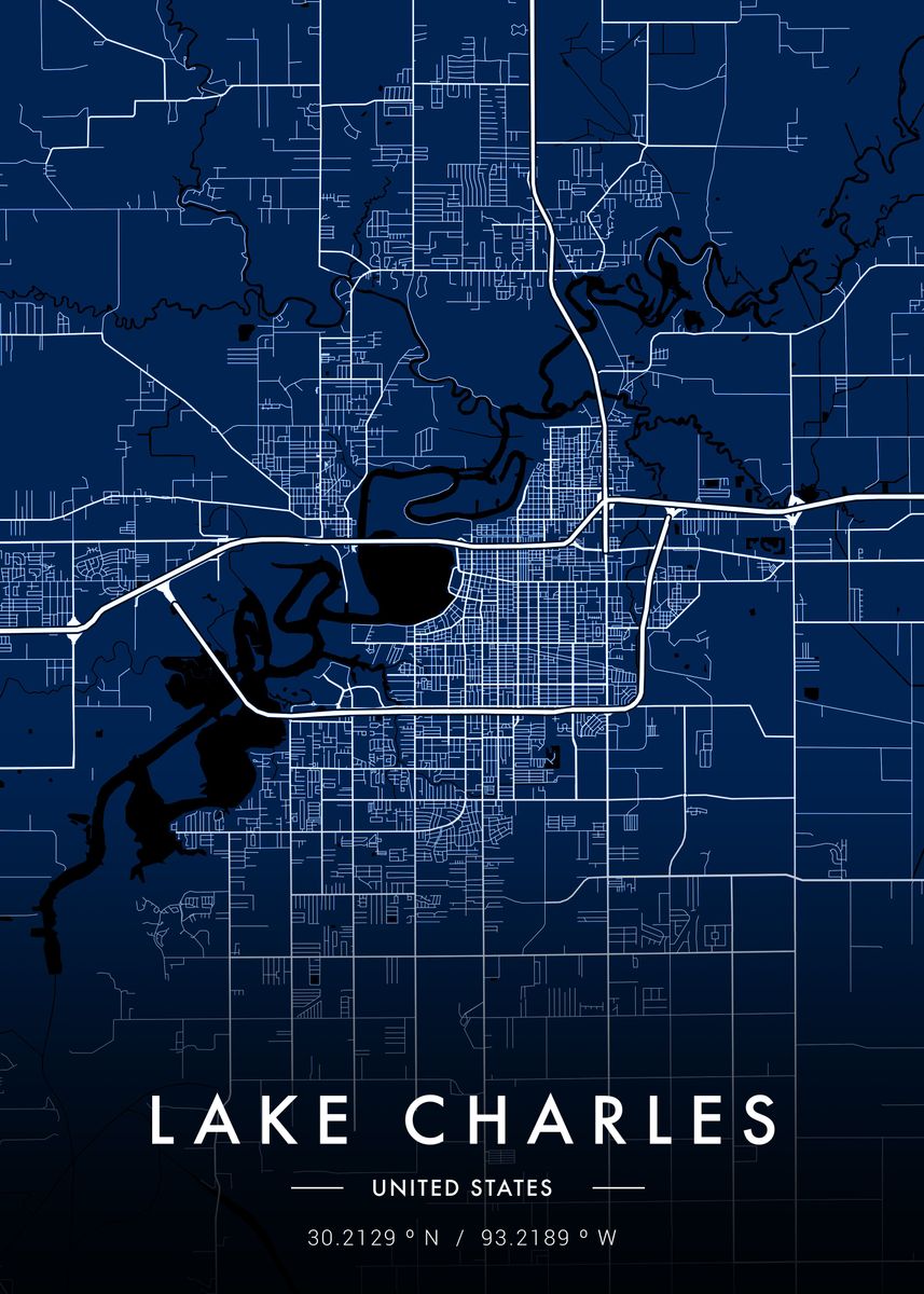'Lake Charles City Map Blue' Poster by MVDZ Graphic Design | Displate