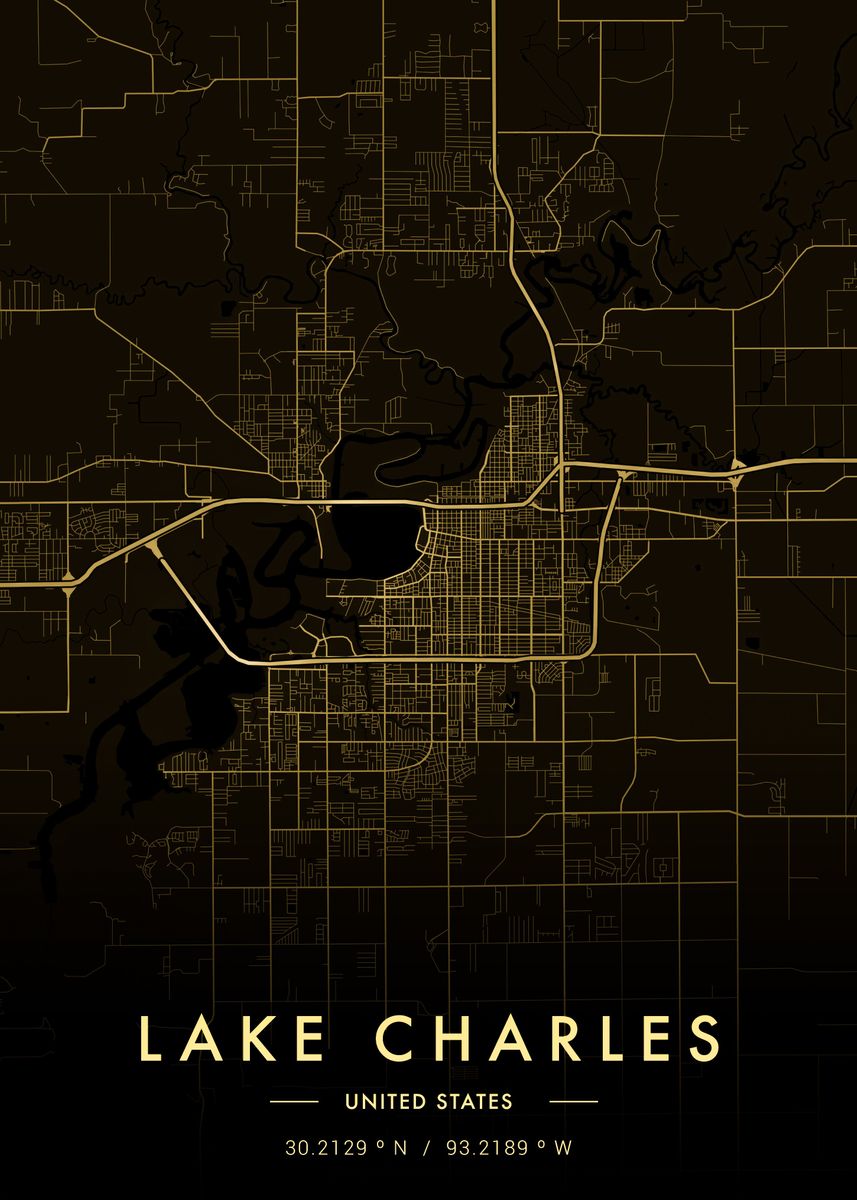 'Lake Charles City Map Gold' Poster by MVDZ Graphic Design | Displate