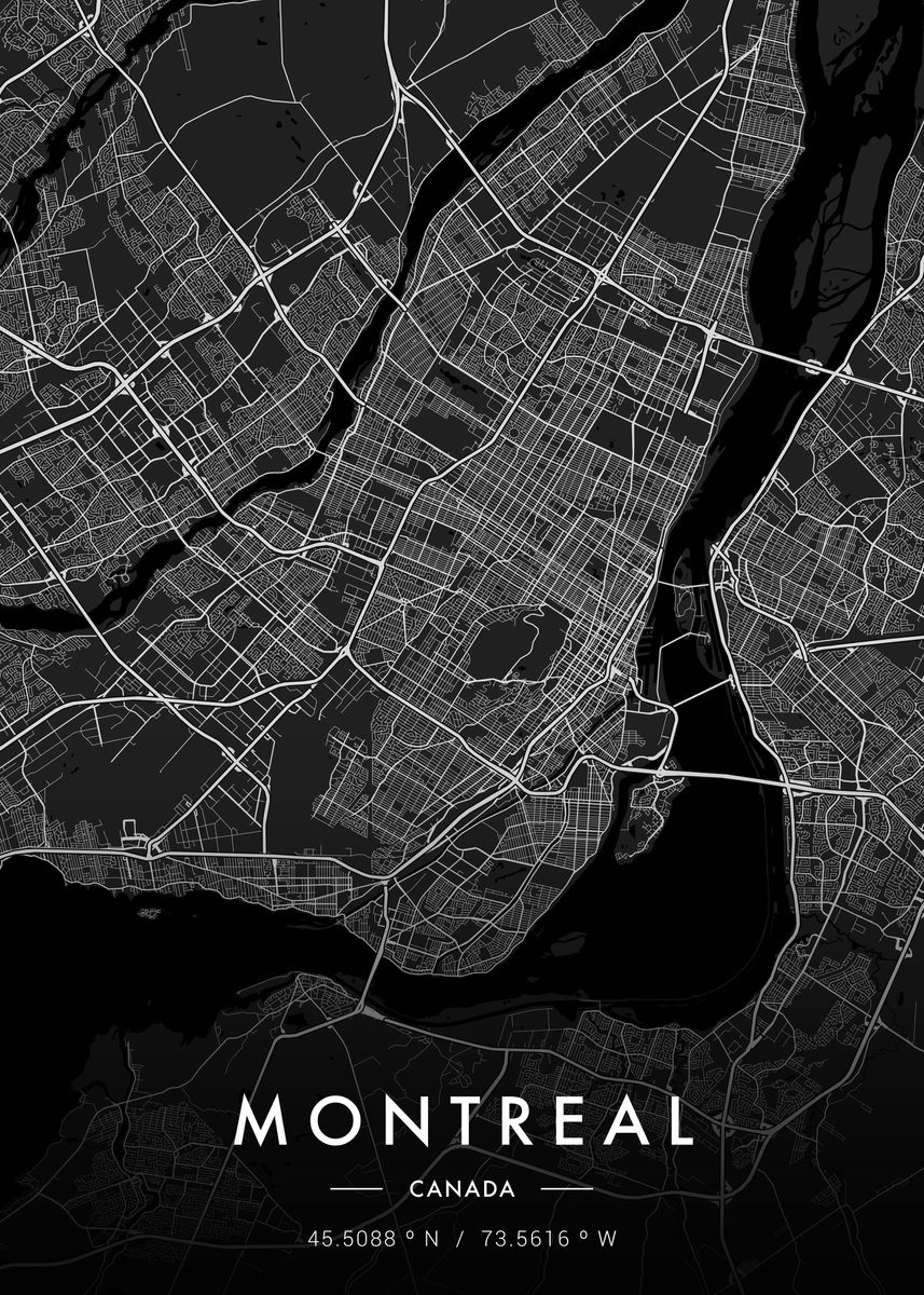 'Montreal City Map Dark' Poster, picture, metal print, paint by MVDZ ...