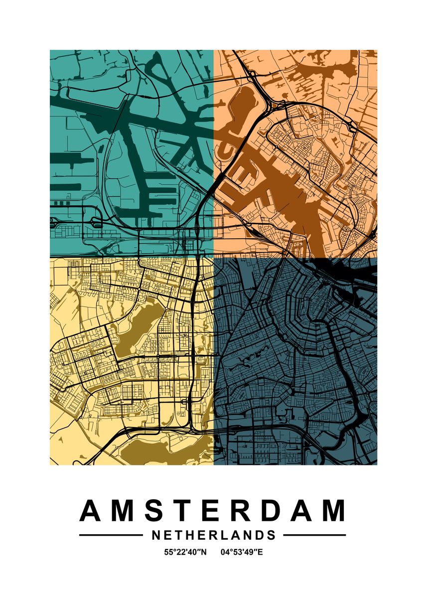 'Amsterdam Color Street Map' Poster, picture, metal print, paint by ...