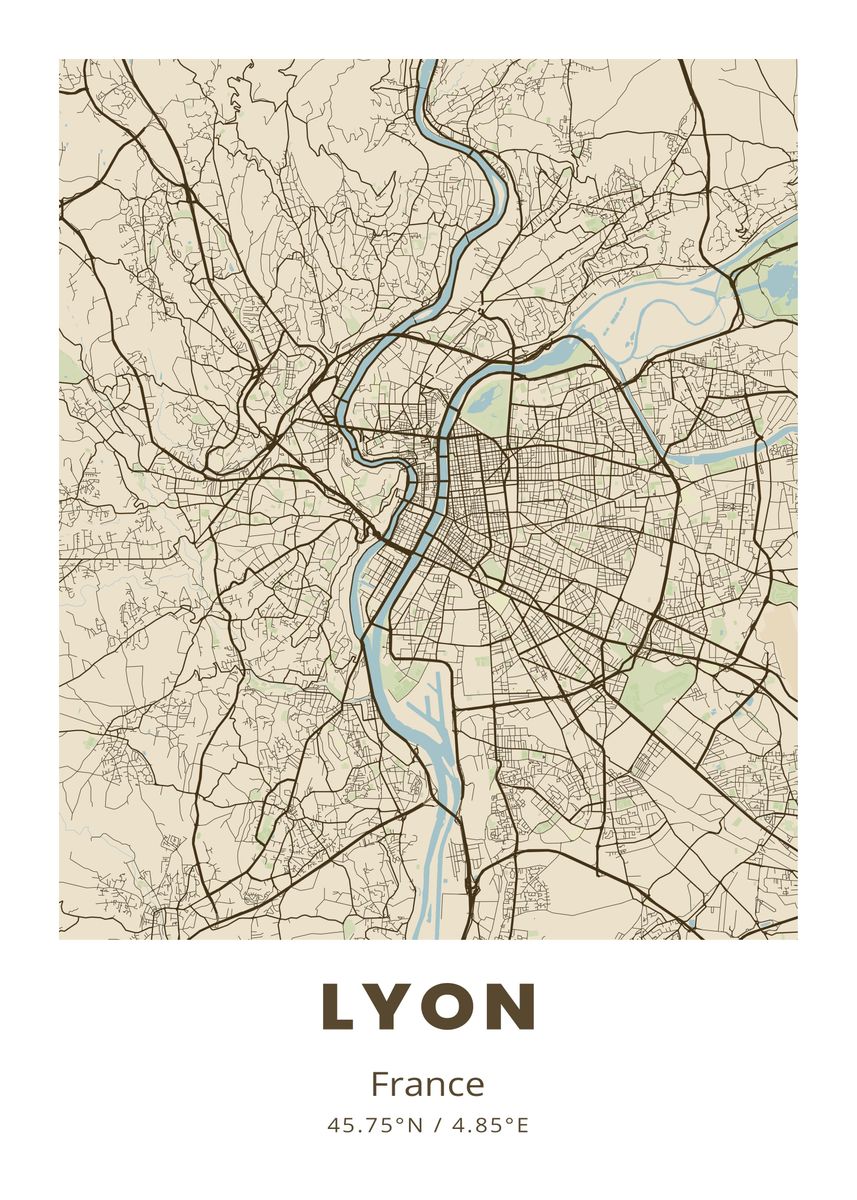 'Lyon City Map' Poster, picture, metal print, paint by Tarendra Studio ...