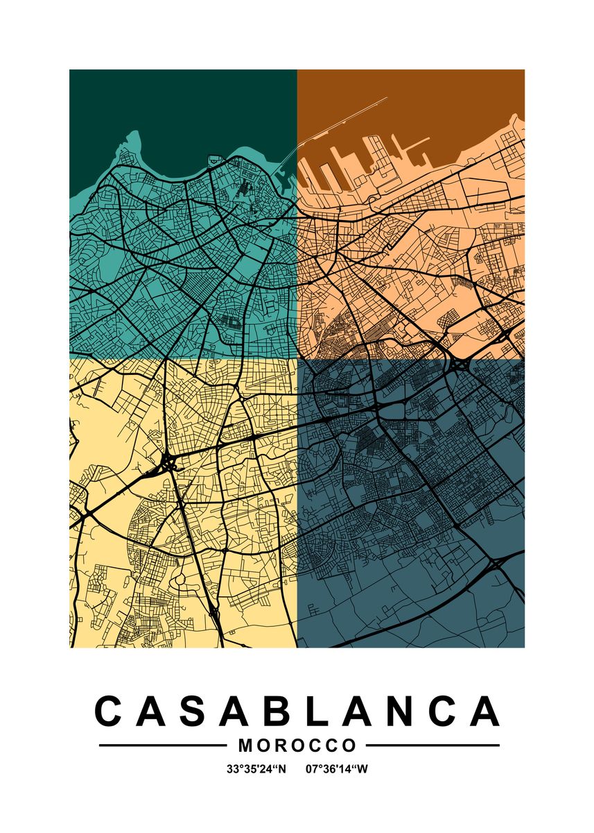 'Casablanca Color City Map' Poster by Dany | Displate