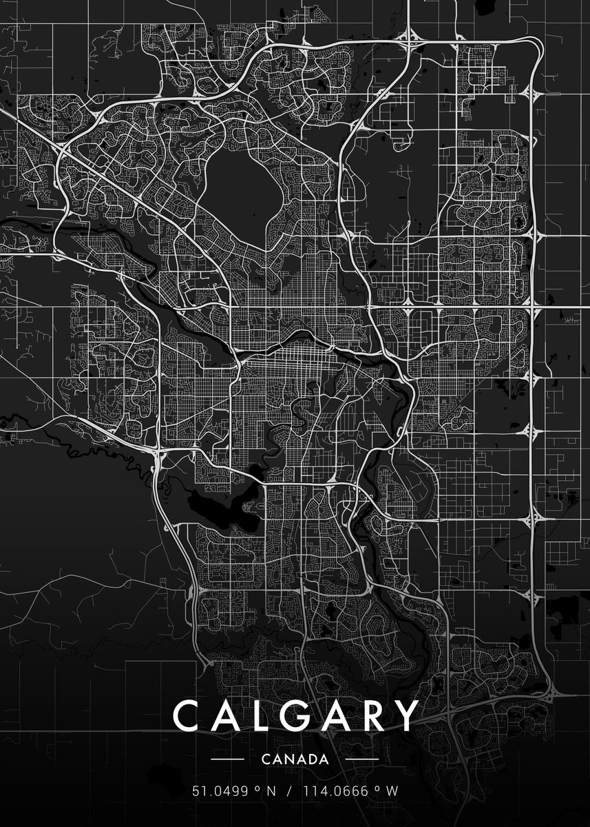 'Calgary City Map Dark' Poster, picture, metal print, paint by MVDZ ...