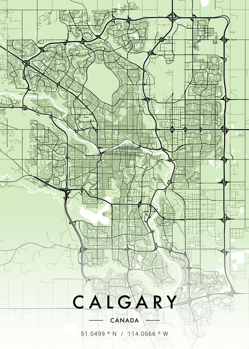 'Calgary City Map Green' Poster, picture, metal print, paint by MVDZ ...
