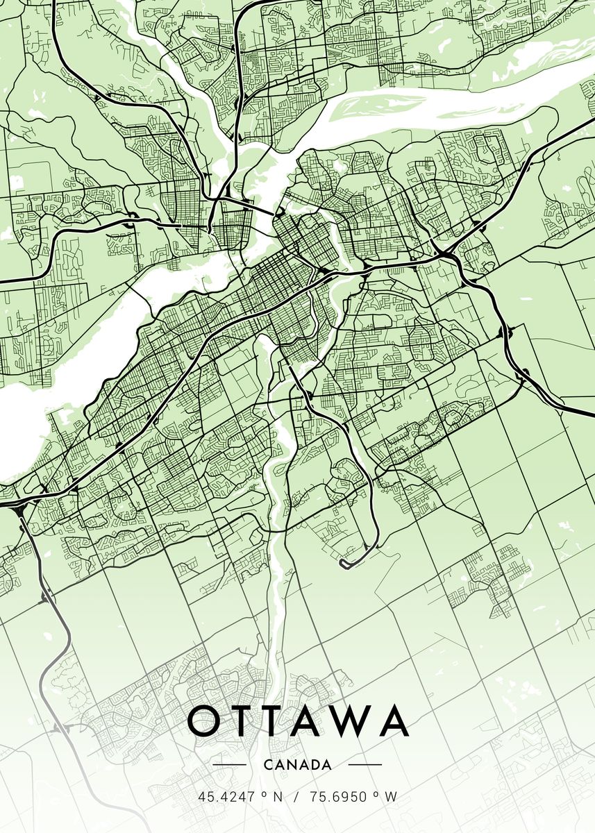 'Ottawa City Map Green' Poster, picture, metal print, paint by MVDZ ...