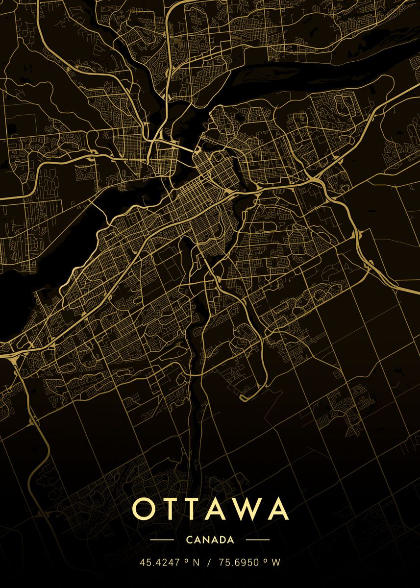 'Ottawa City Map Gold' Poster, picture, metal print, paint by MVDZ ...