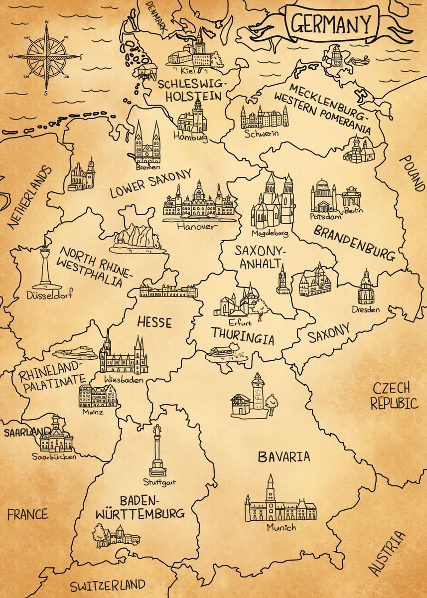 'Brown Vintage Germany Map' Poster, picture, metal print, paint by ...