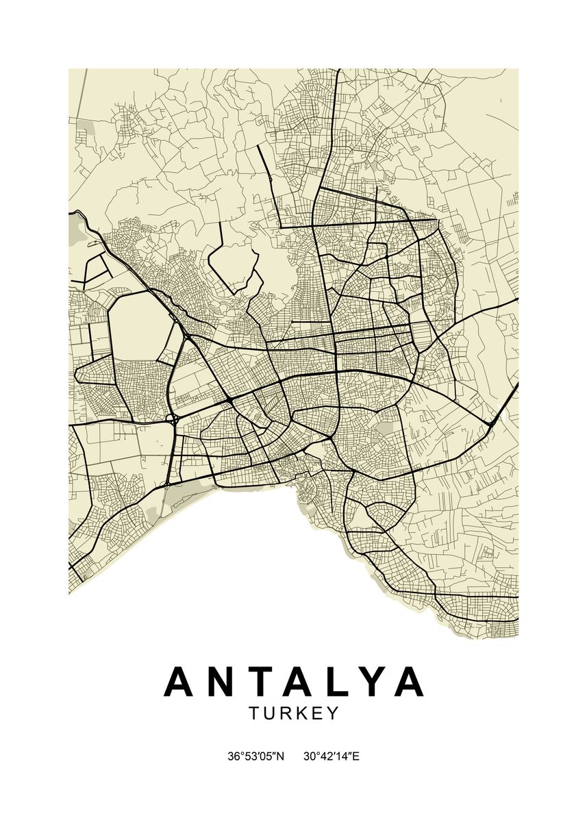 'Antalya Classic Street Map' Poster, picture, metal print, paint by ...