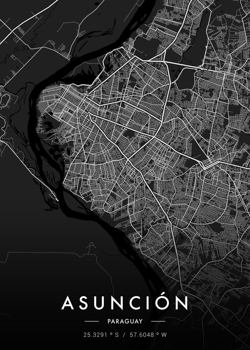 'Asuncion City Map Dark' Poster, picture, metal print, paint by MVDZ ...