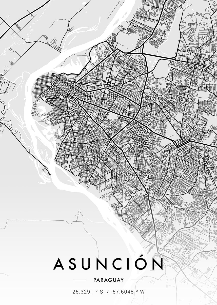 'Asuncion City Map White' Poster, picture, metal print, paint by MVDZ ...