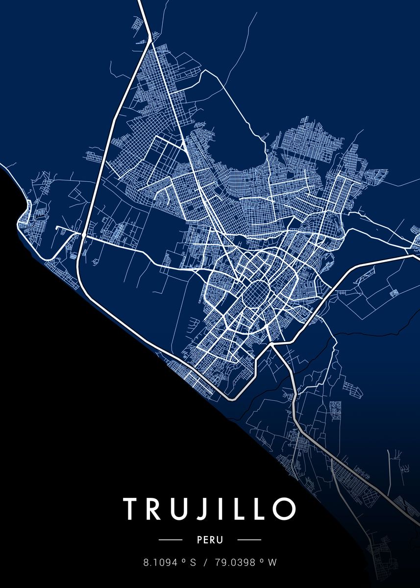 'Trujillo City Map Blue' Poster, picture, metal print, paint by MVDZ ...