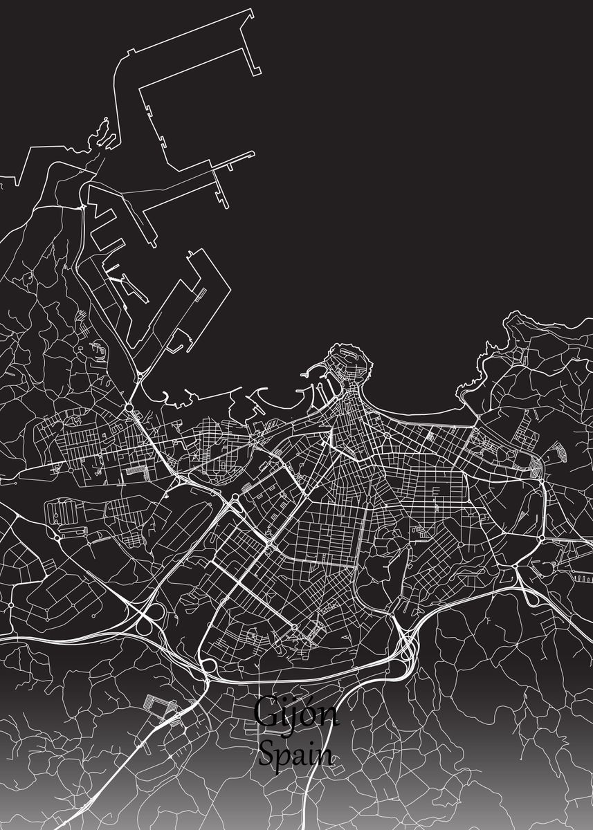 'Gijon Map Print Spain' Poster, picture, metal print, paint by Gigi Bgm ...