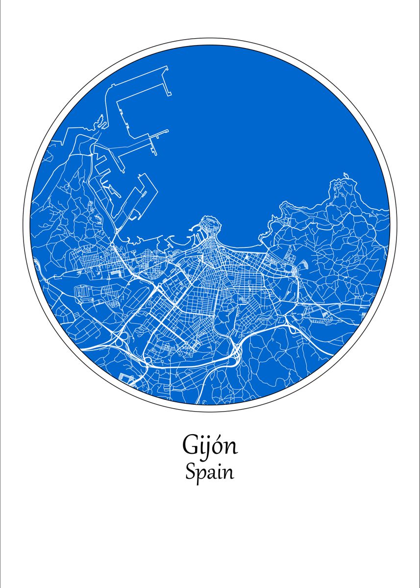 'Gijon Map Print Spain' Poster, picture, metal print, paint by Gigi Bgm ...
