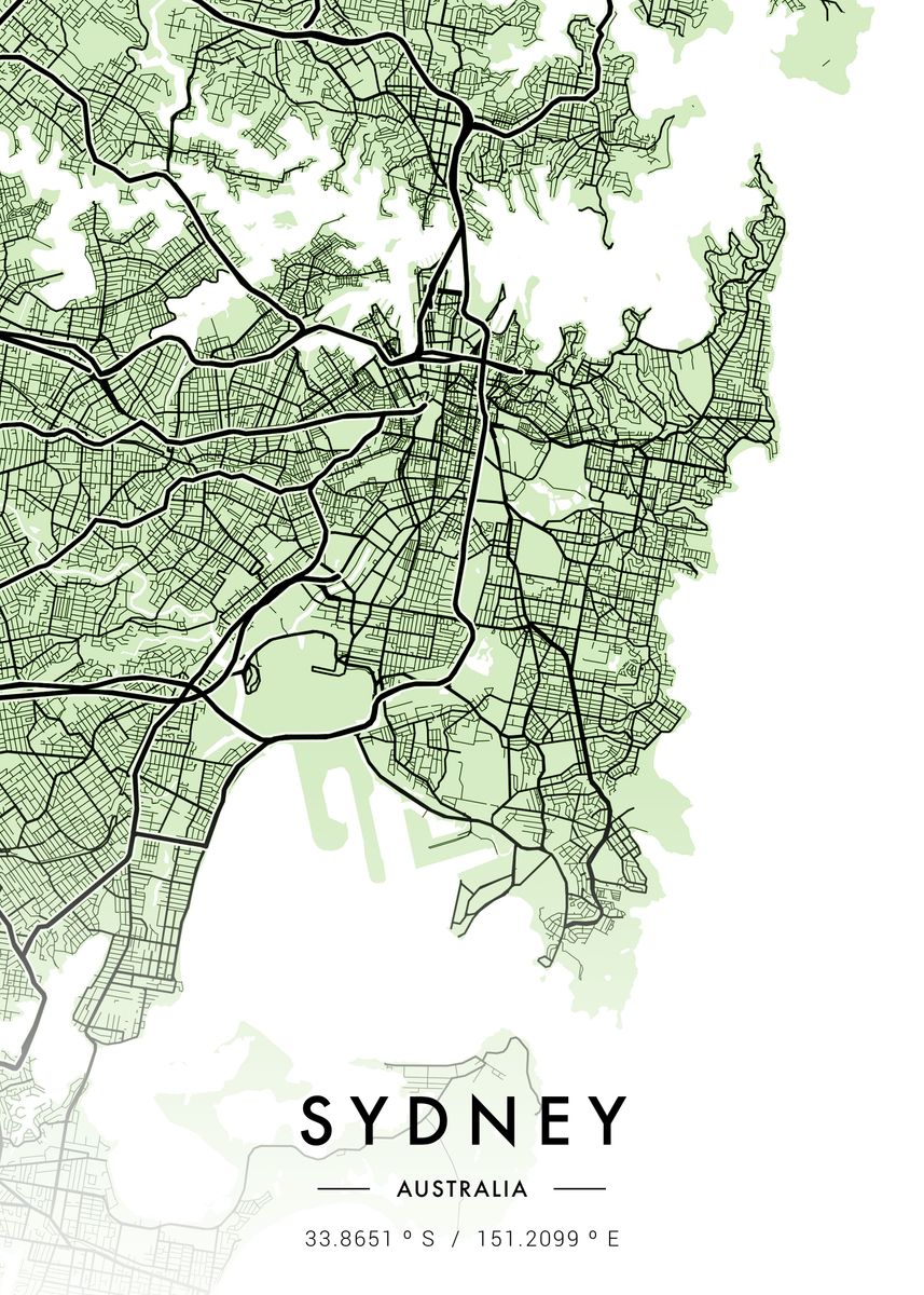 'Sydney City Map Green' Poster, picture, metal print, paint by MVDZ ...