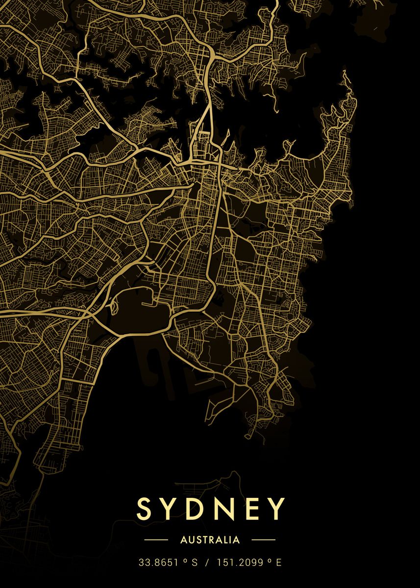 'Sydney City Map Gold' Poster, picture, metal print, paint by MVDZ ...