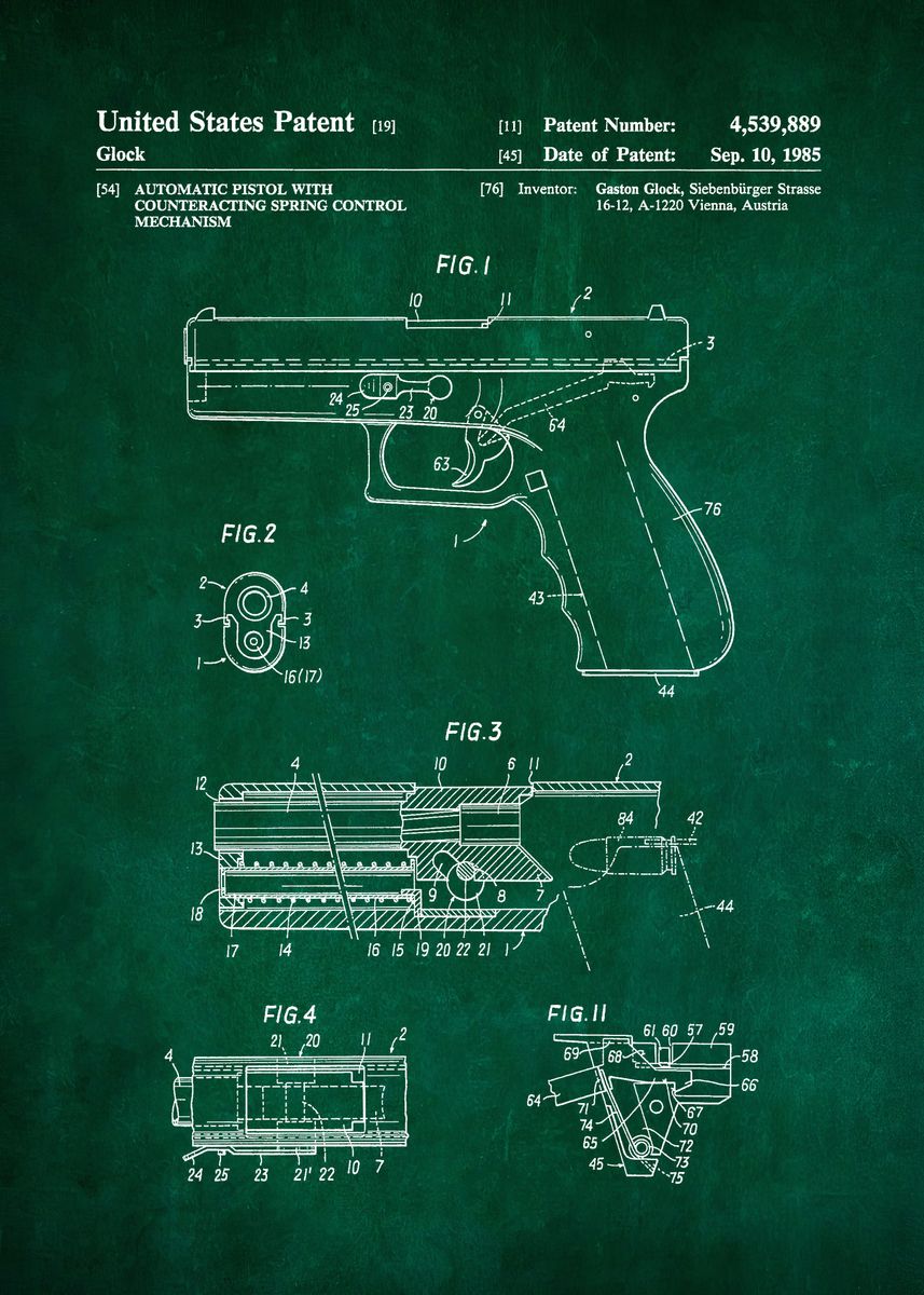 '9 Glock Pistol Patent 198' Poster, picture, metal print, paint by Roy ...