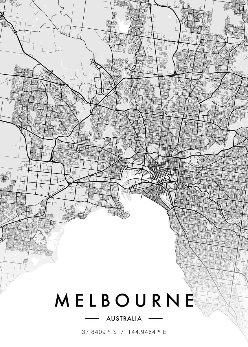 'Melbourne City Map White' Poster, picture, metal print, paint by MVDZ ...