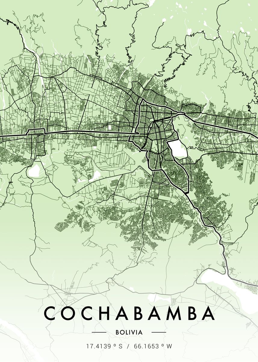 'Cochabamba City Map Green' Poster, picture, metal print, paint by MVDZ ...