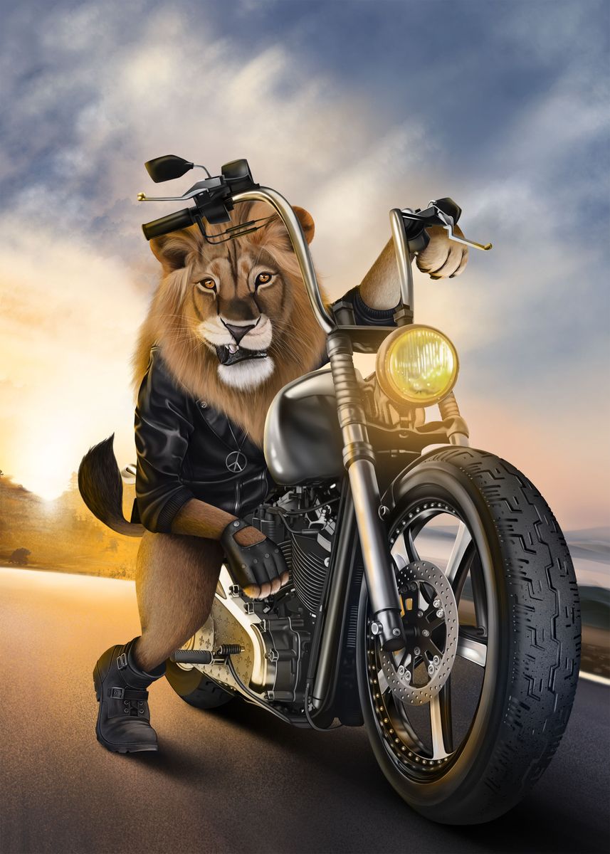 'Lion Ride Motorbike' Poster, picture, metal print, paint by Jeff ...