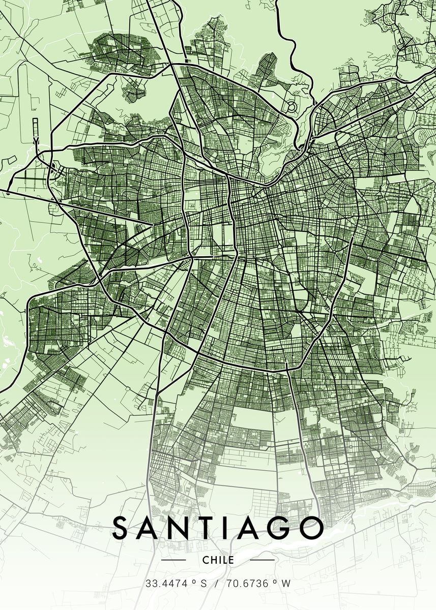 'Santiago City Map Green' Poster, picture, metal print, paint by MVDZ ...