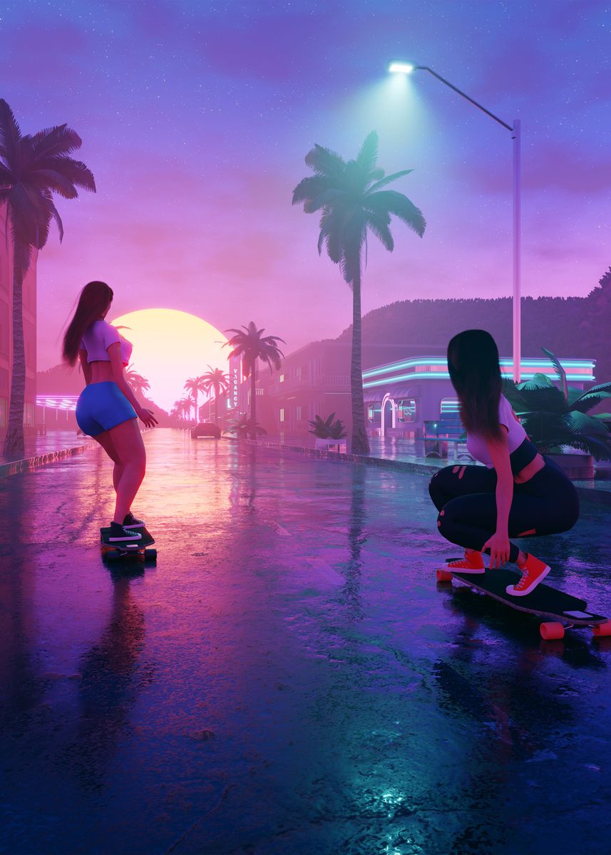 'Sunset Longboarding' Poster, picture, metal print, paint by Cherik ...