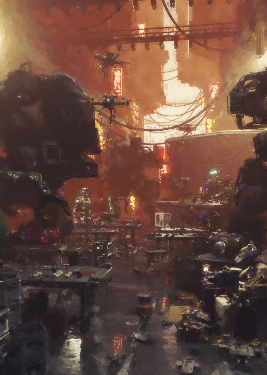 'Dystopian Mech Shop' Poster, picture, metal print, paint by ...