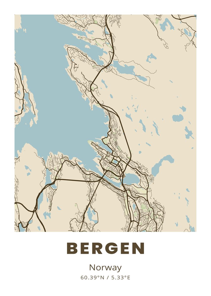 'Bergen City Map' Poster by Tarendra Studio | Displate