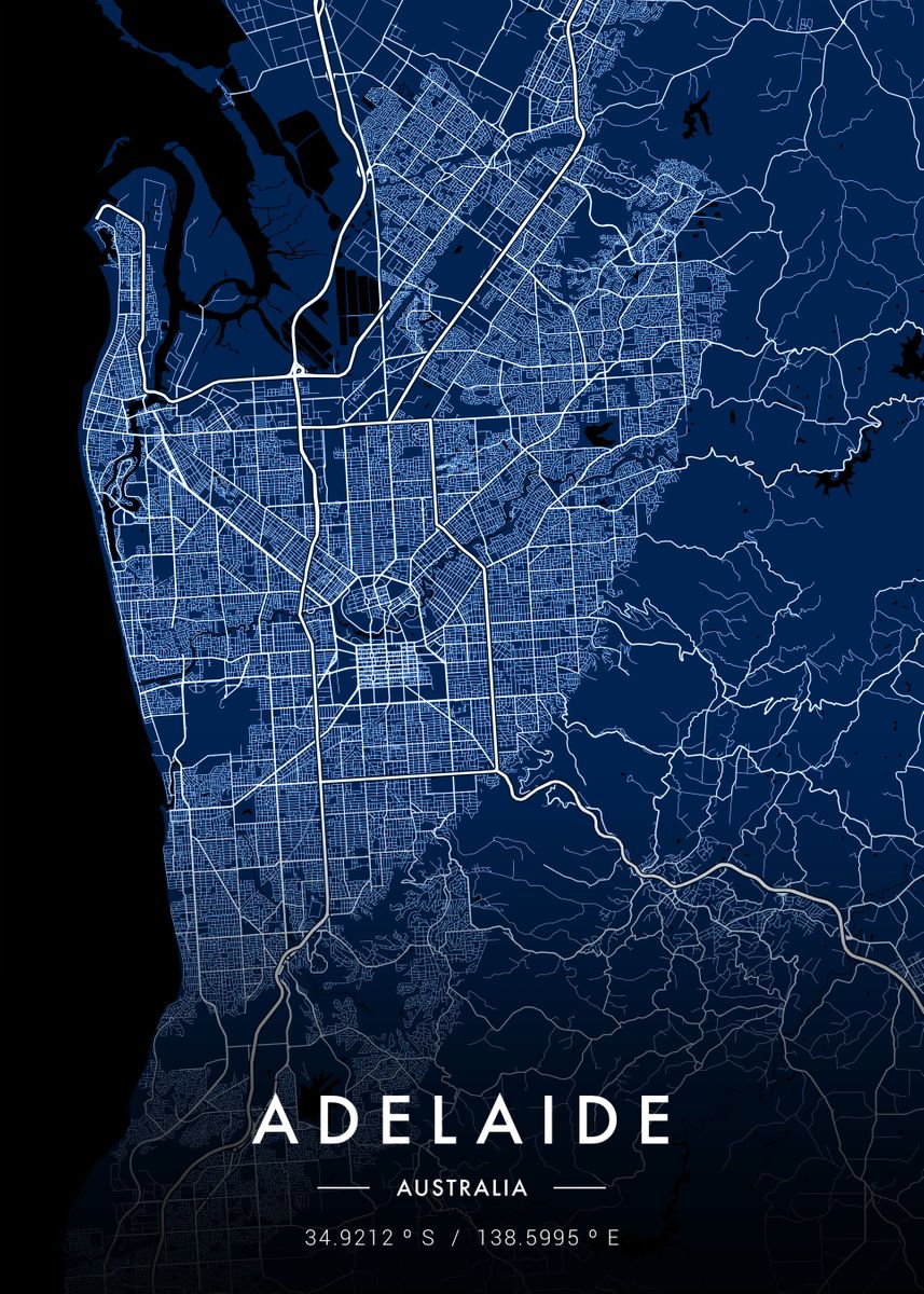 'Adelaide City Map Blue' Poster, picture, metal print, paint by MVDZ ...