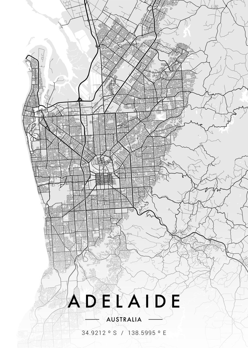'Adelaide City Map White' Poster, picture, metal print, paint by MVDZ ...