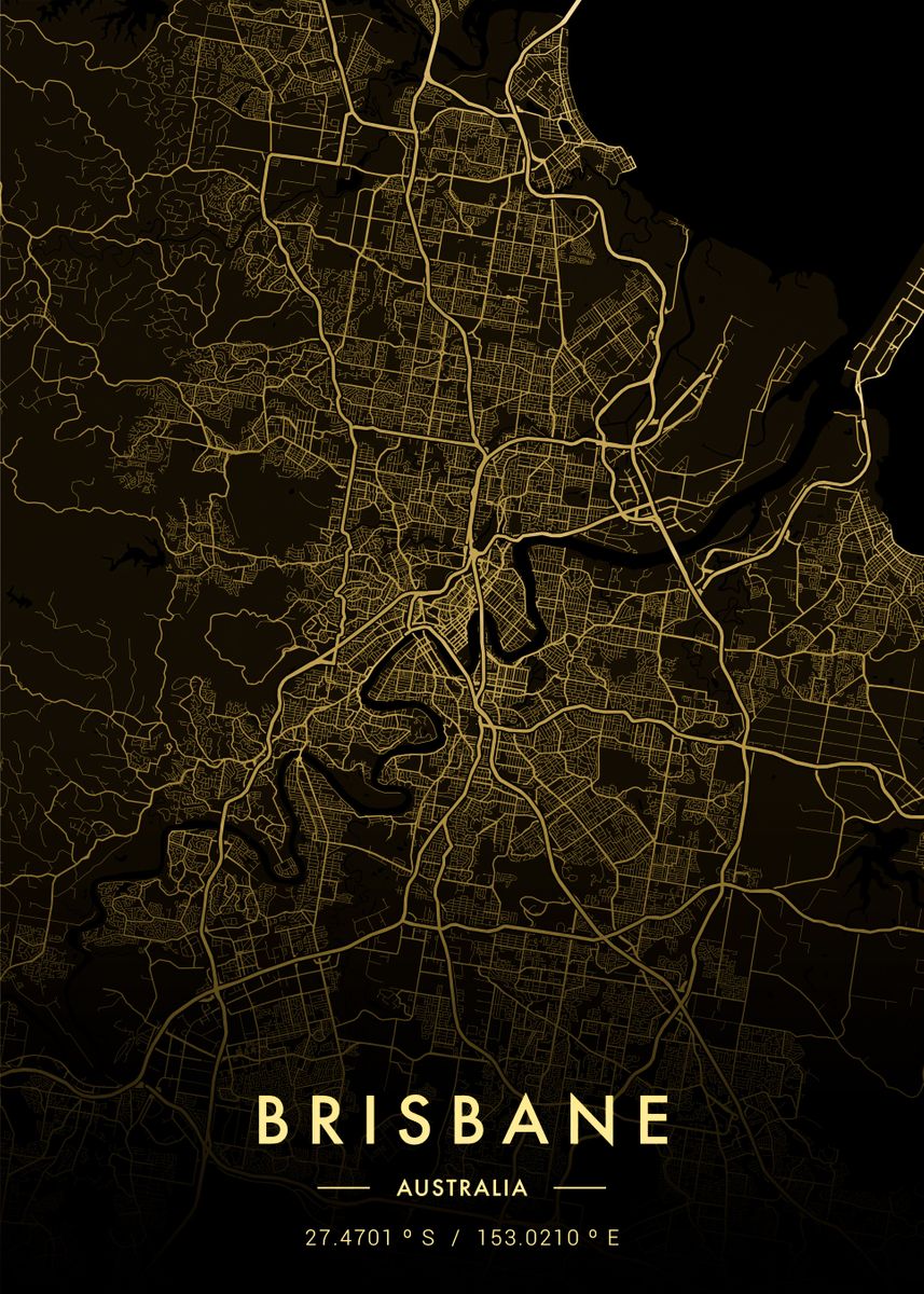 'Brisbane City Map Gold' Poster, picture, metal print, paint by MVDZ ...