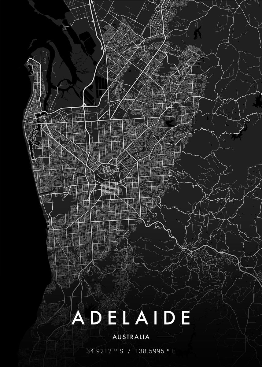 'Adelaide City Map Dark' Poster, picture, metal print, paint by MVDZ ...