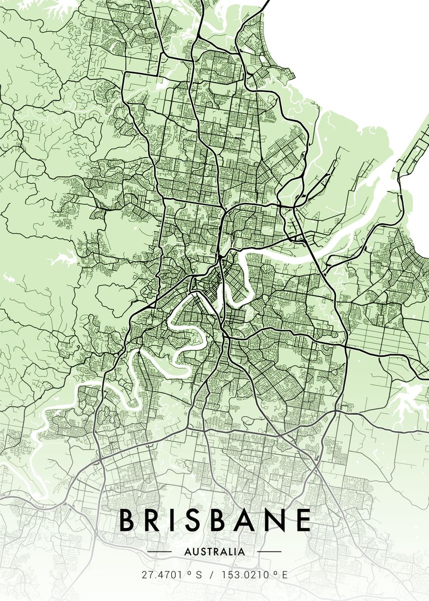 'Brisbane City Map Green' Poster, picture, metal print, paint by MVDZ ...