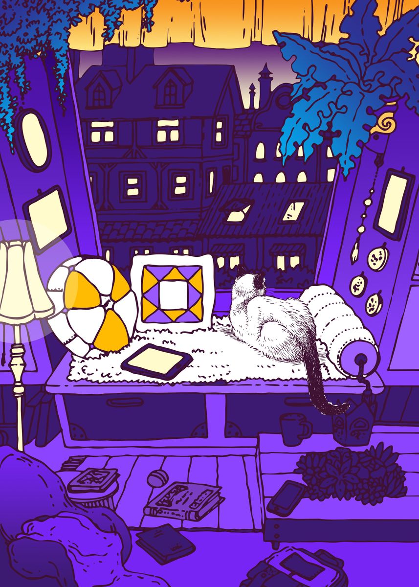 'City Pop Night Bedroom Cat' Poster, picture, metal print, paint by ...