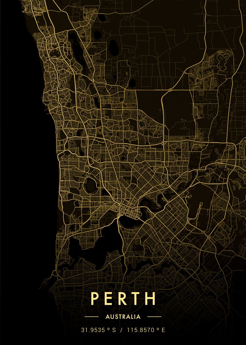 'Perth City Map Gold' Poster, picture, metal print, paint by MVDZ ...