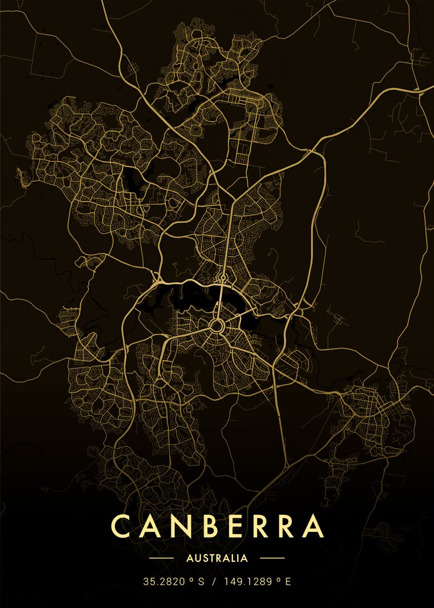 'Canberra City Map Gold' Poster, picture, metal print, paint by MVDZ ...