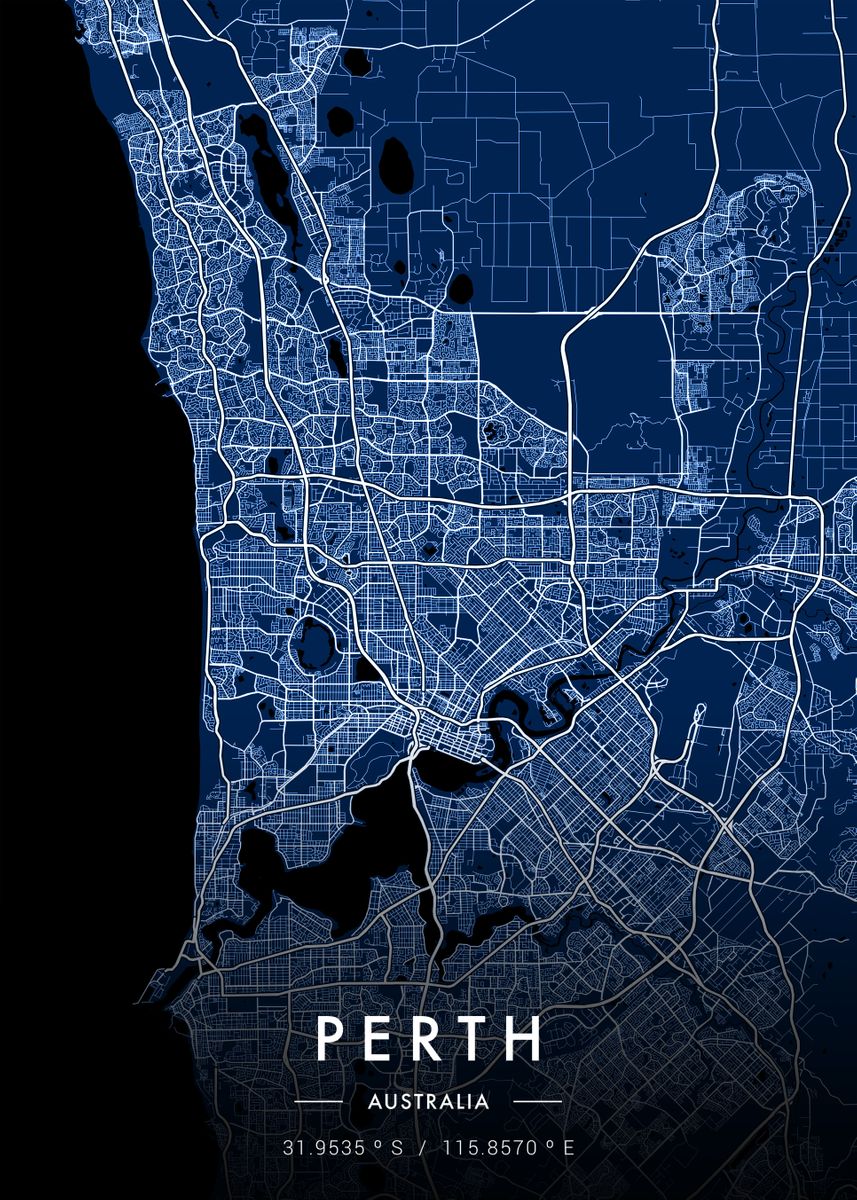 'Perth City Map Blueprint' Poster, picture, metal print, paint by MVDZ ...