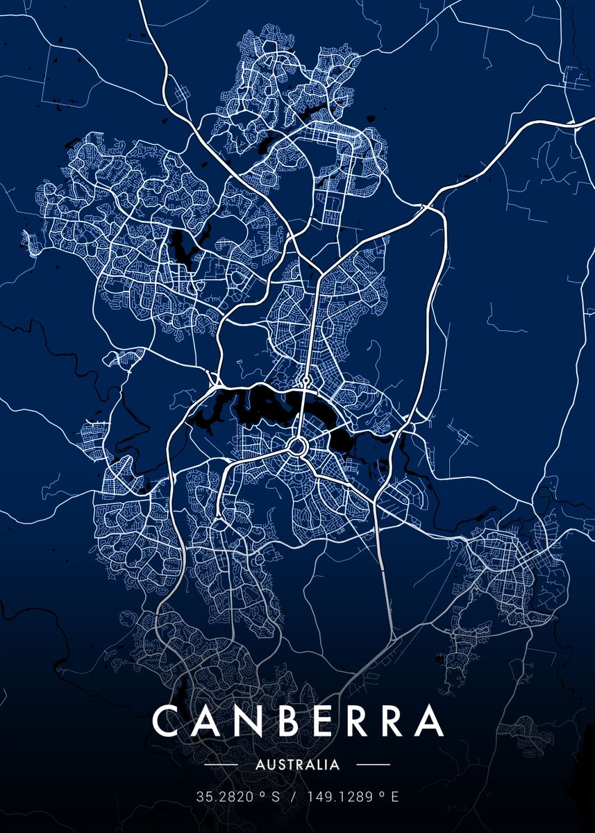 'Canberra City Map Blue' Poster, picture, metal print, paint by MVDZ ...