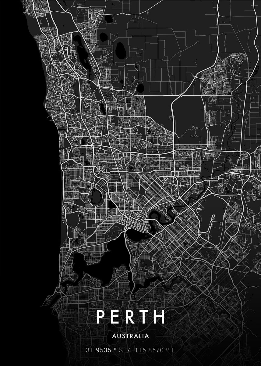 'Perth City Map Dark' Poster, picture, metal print, paint by MVDZ ...