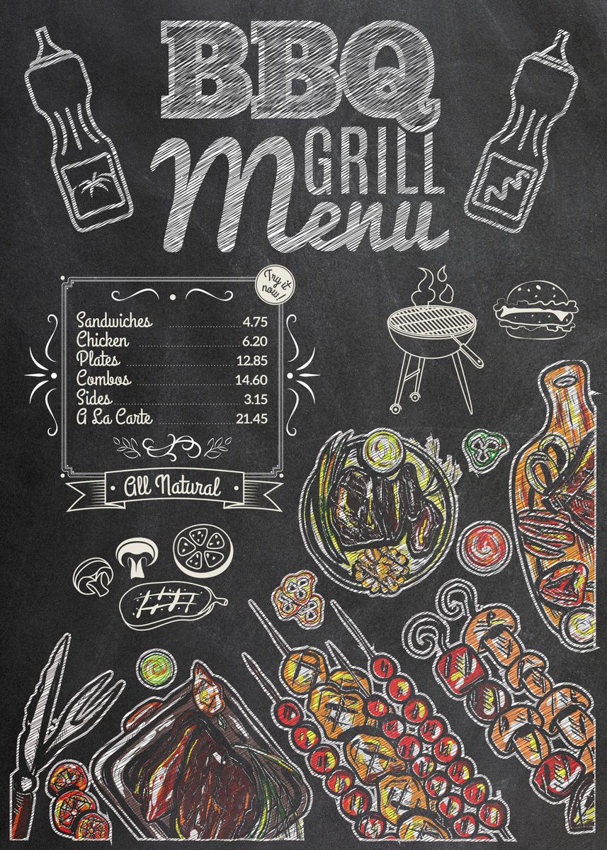 'BBQ Grill Food Menu' Poster, picture, metal print, paint by Saphira ...