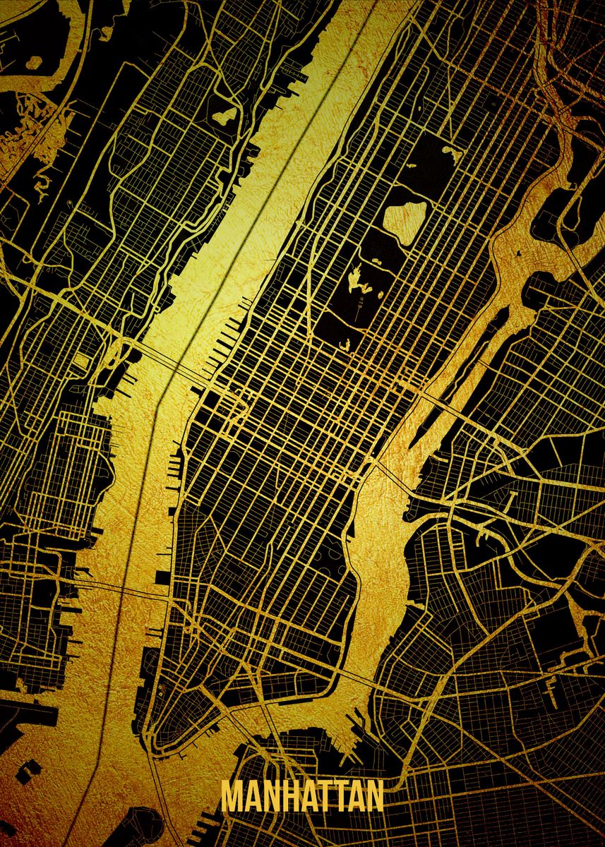 'Manhattan gold map' Poster, picture, metal print, paint by LUNGHISTE ...
