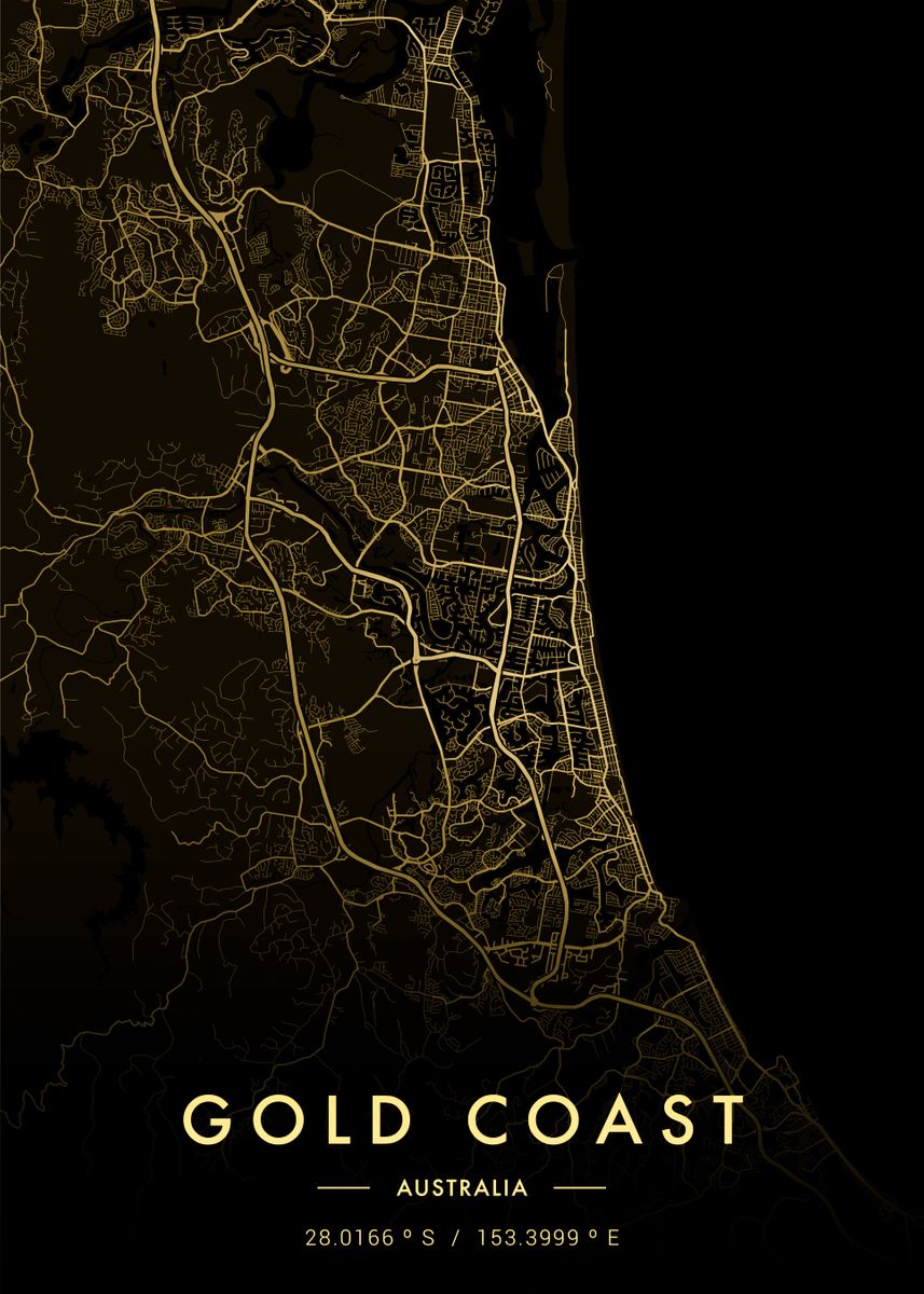 'Gold Coast City Map Gold' Poster, picture, metal print, paint by MVDZ ...