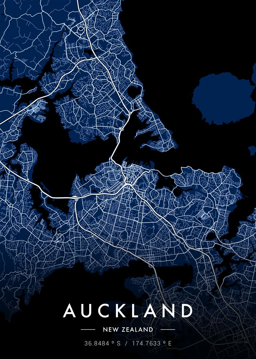 'Auckland City Map Blue' Poster, picture, metal print, paint by MVDZ ...