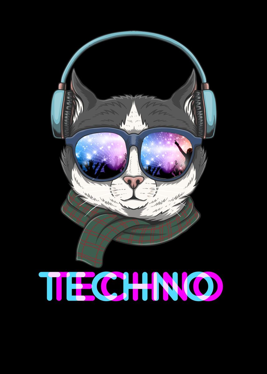 'Techno Cat Headphone' Poster, picture, metal print, paint by ...