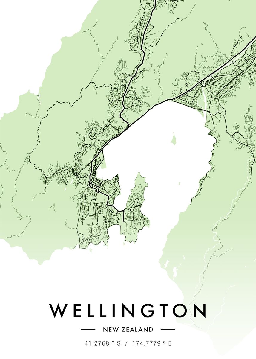 'Wellington City Map Green' Poster, picture, metal print, paint by MVDZ ...