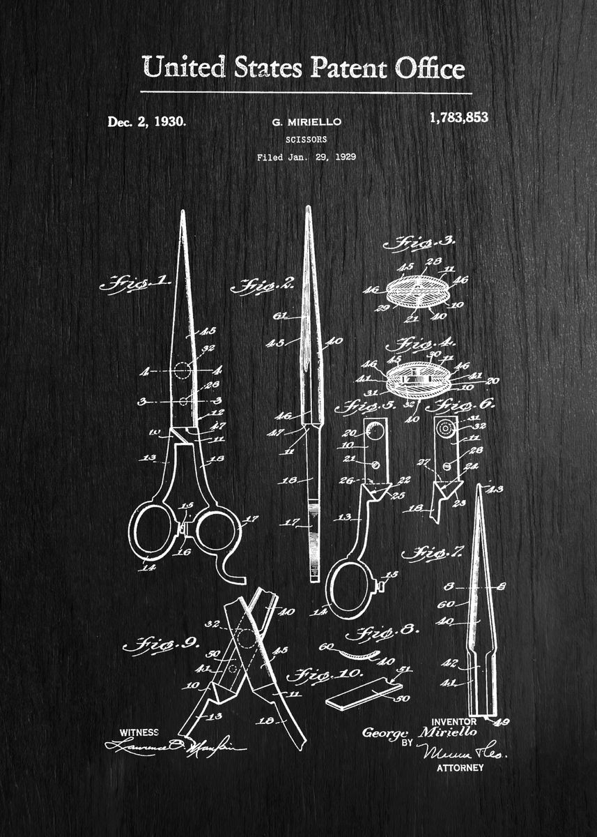 '19Scissors Patent' Poster, picture, metal print, paint by Yuliya ...
