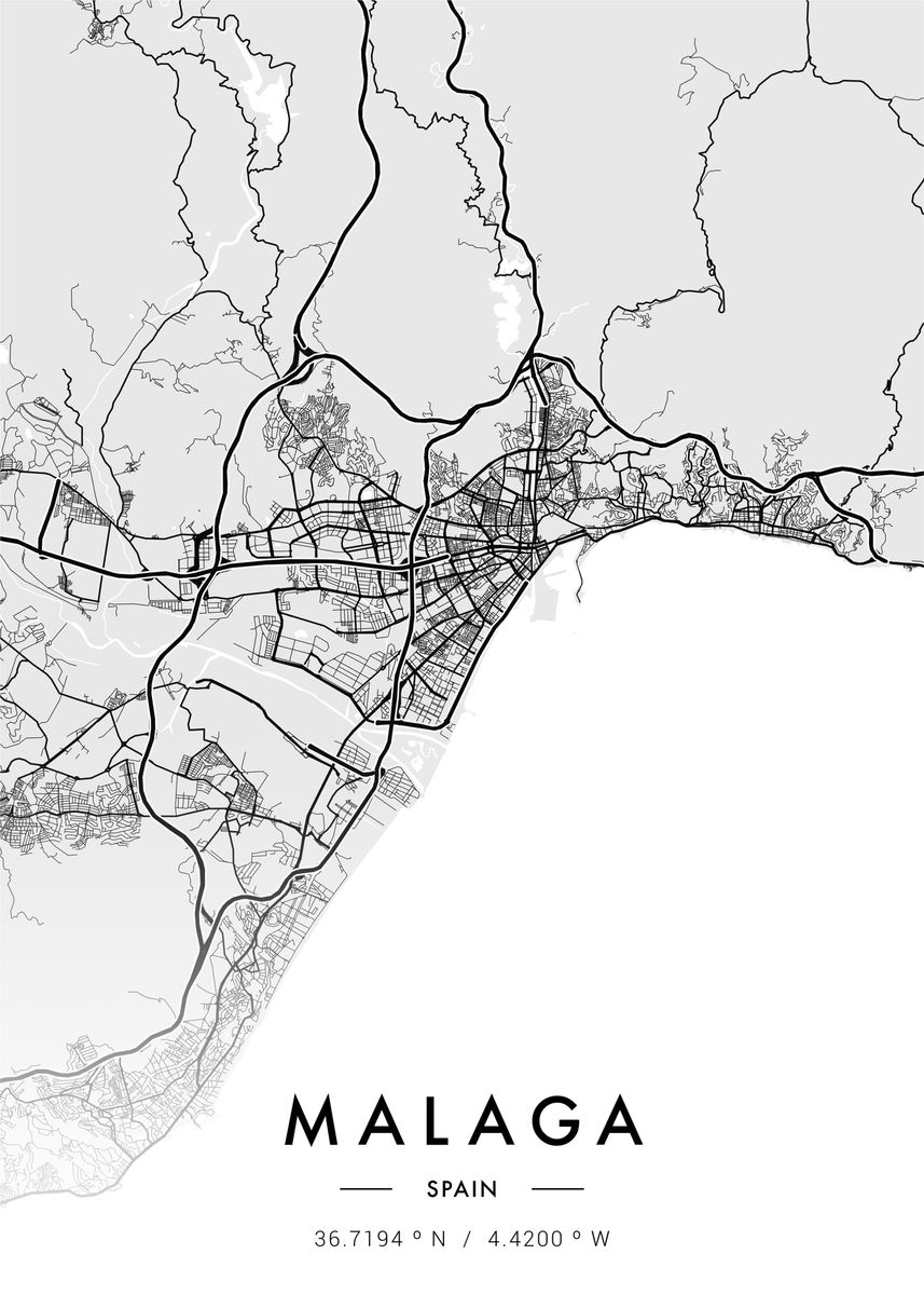 'Malaga City Map White' Poster, picture, metal print, paint by MVDZ ...
