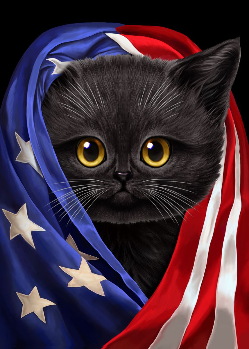 'Black Kitten USA Patriot' Poster, picture, metal print, paint by Jeff ...