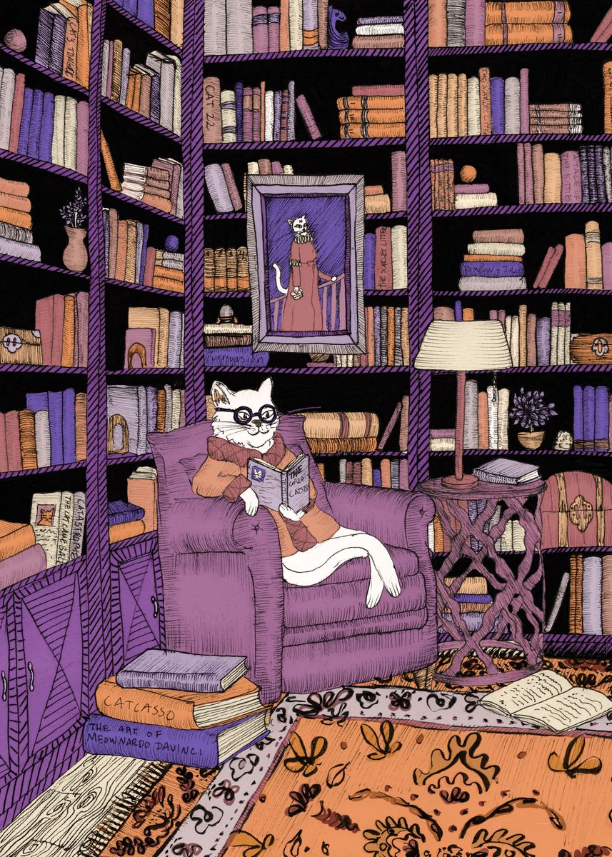 'The Cats Library Colour' Poster by Ella Mazur | Displate